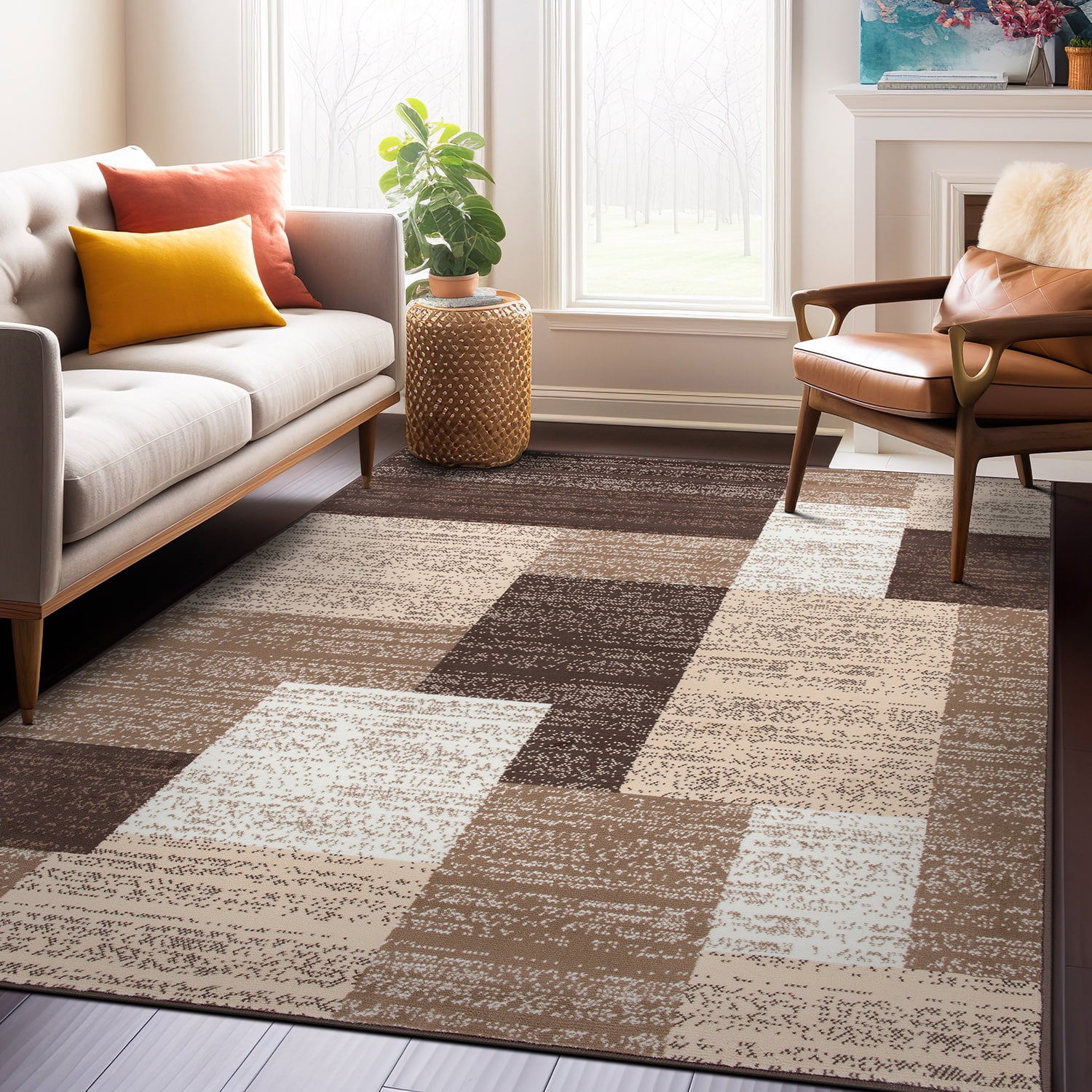 World Rug Gallery Contemporary Distressed Boxes Area Rug - Brown 5'x7 ...