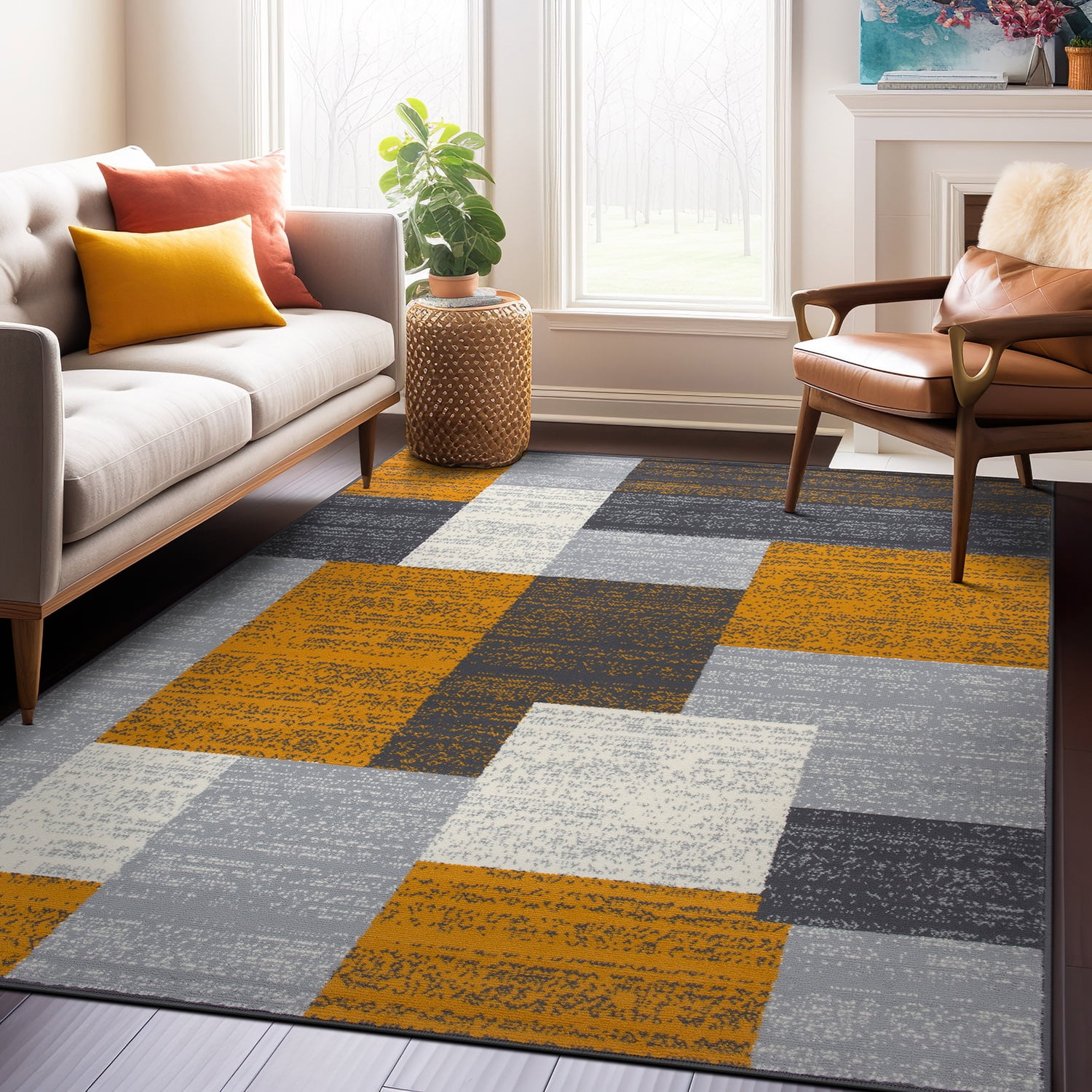 World Rug Gallery Contemporary Distressed Boxes Area Rug - Mustard 5'x7 ...