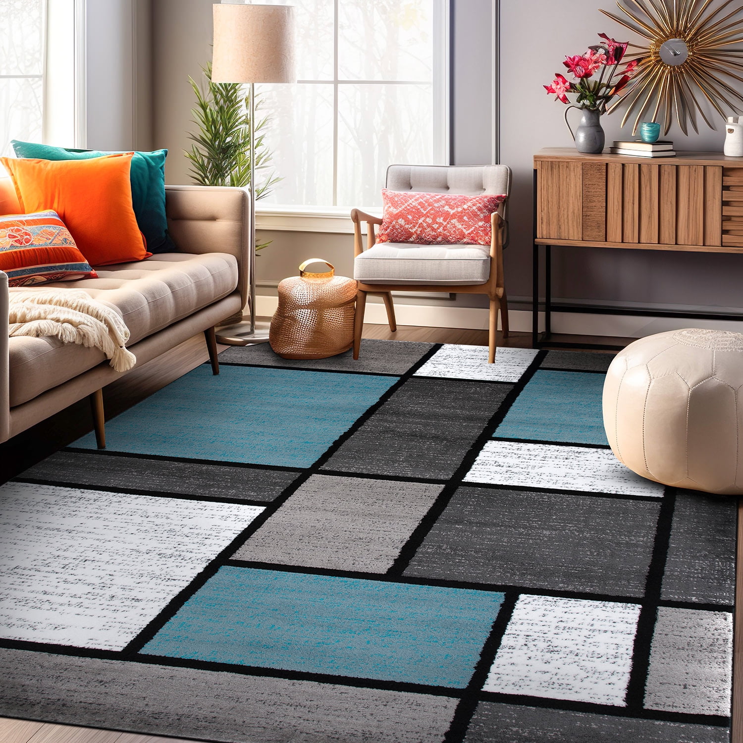 World Rug Gallery Contemporary Modern Boxed Color Block Area Rug - Blue ...