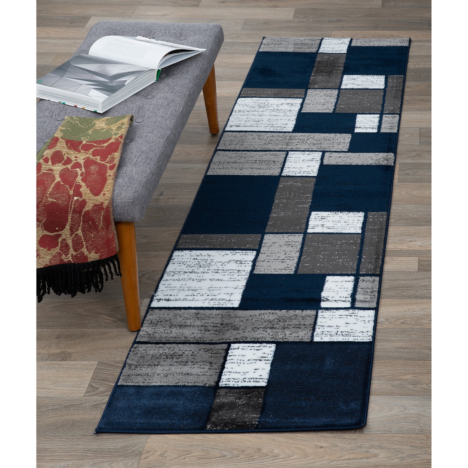 World Rug Gallery Contemporary Modern Boxed Color Block Navy 2'x7'3 ...