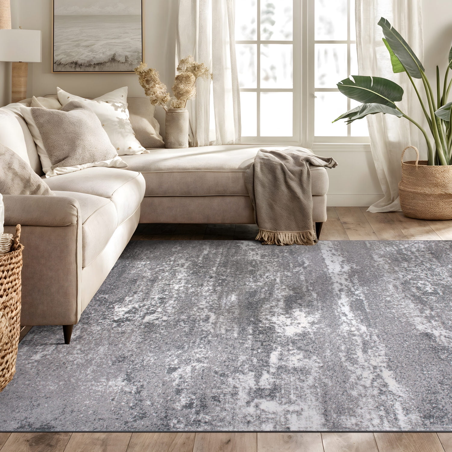 Bohemian Gray Abstract Area Rug 5' X 7' -Modern, Durable with Cotton ...