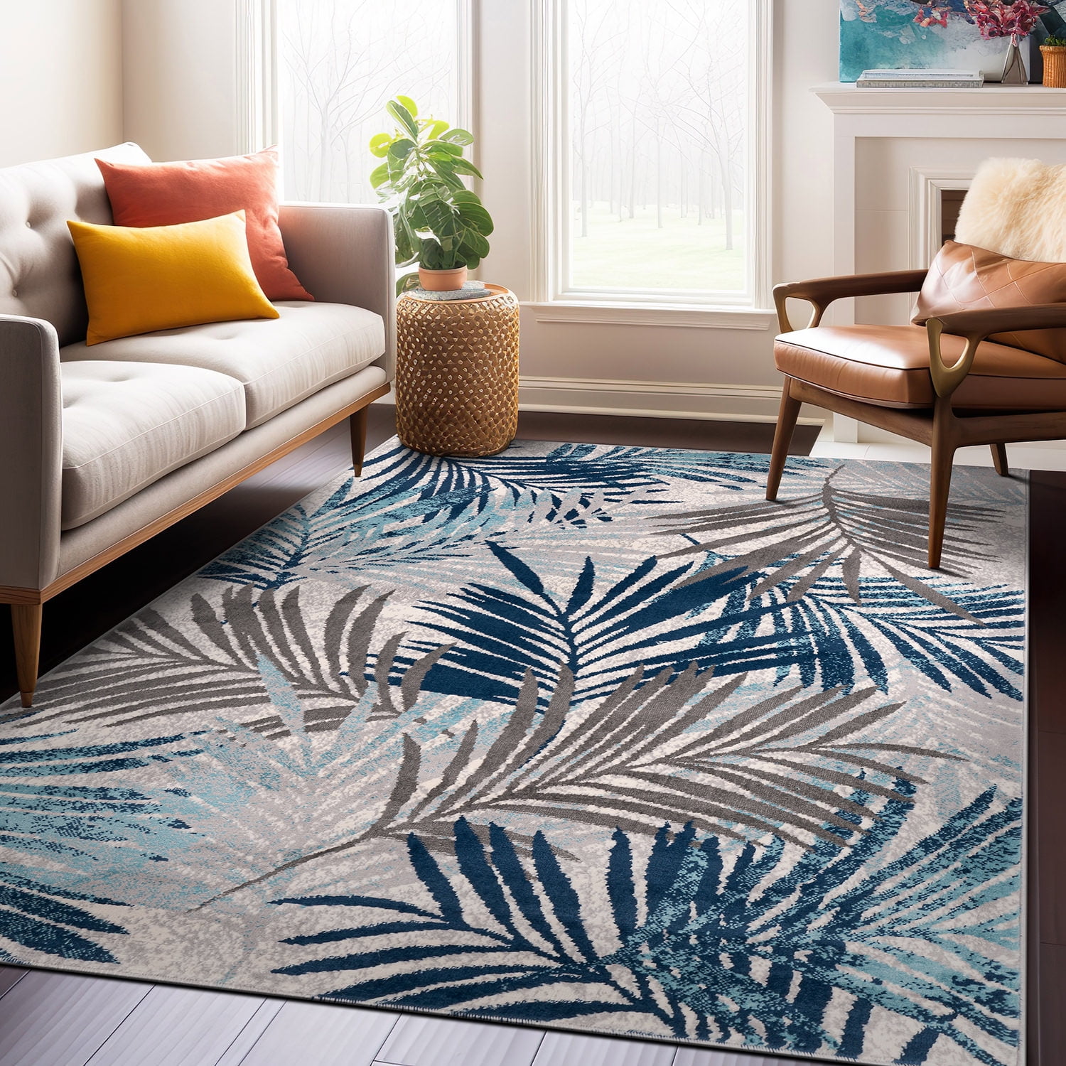 World Rug Gallery Edinburgh Floral Leaves Area Rug - Blue 5'x7 ...