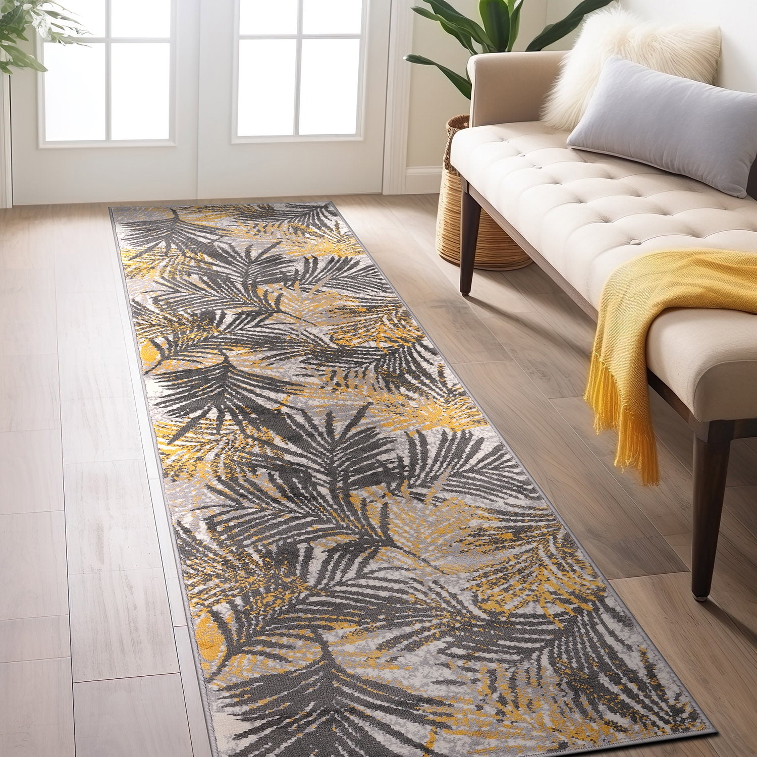 World Rug Gallery Edinburgh Floral Leaves Area Rug - Yellow 2'x7 ...
