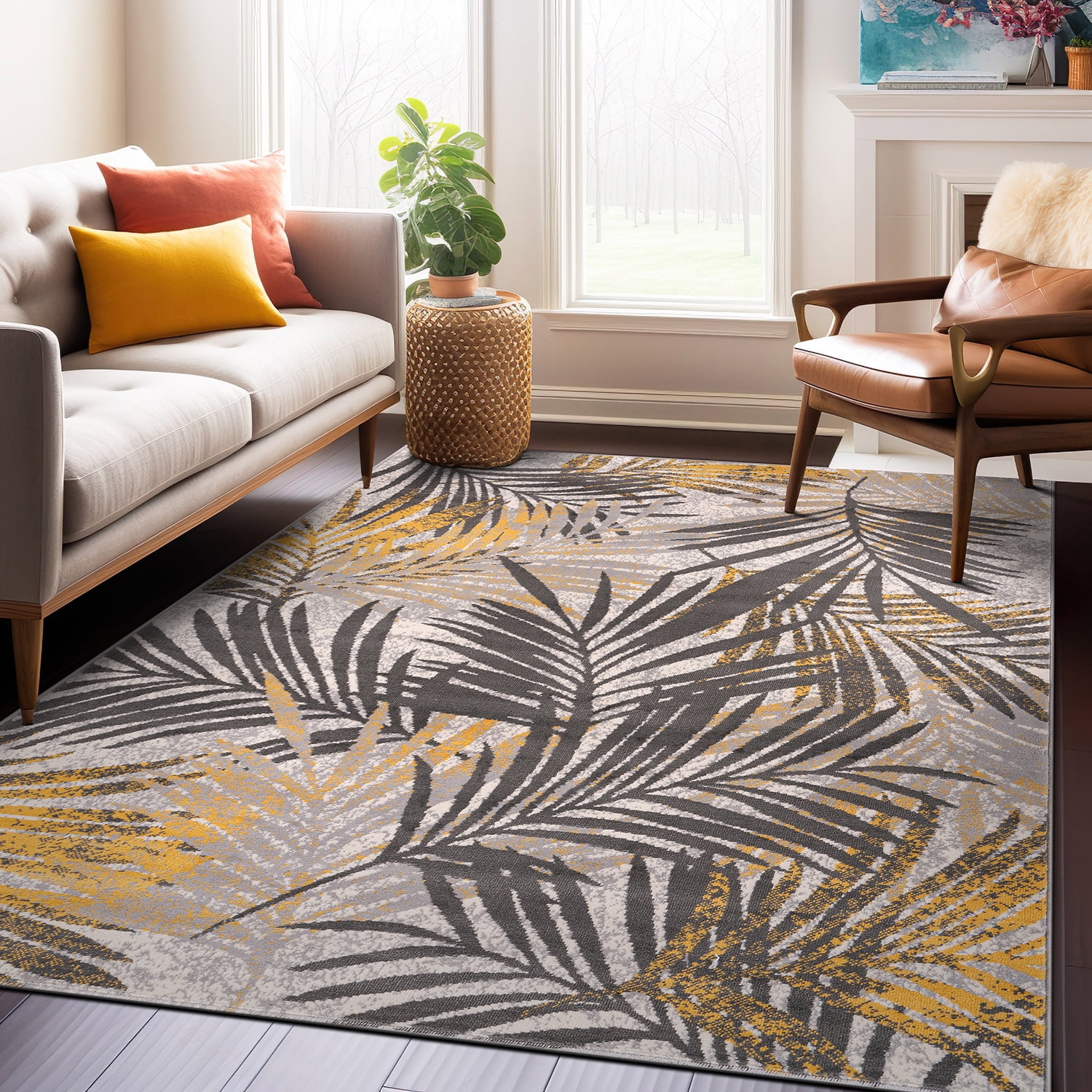 World Rug Gallery Edinburgh Floral Leaves Area Rug - Yellow 5'x7 ...