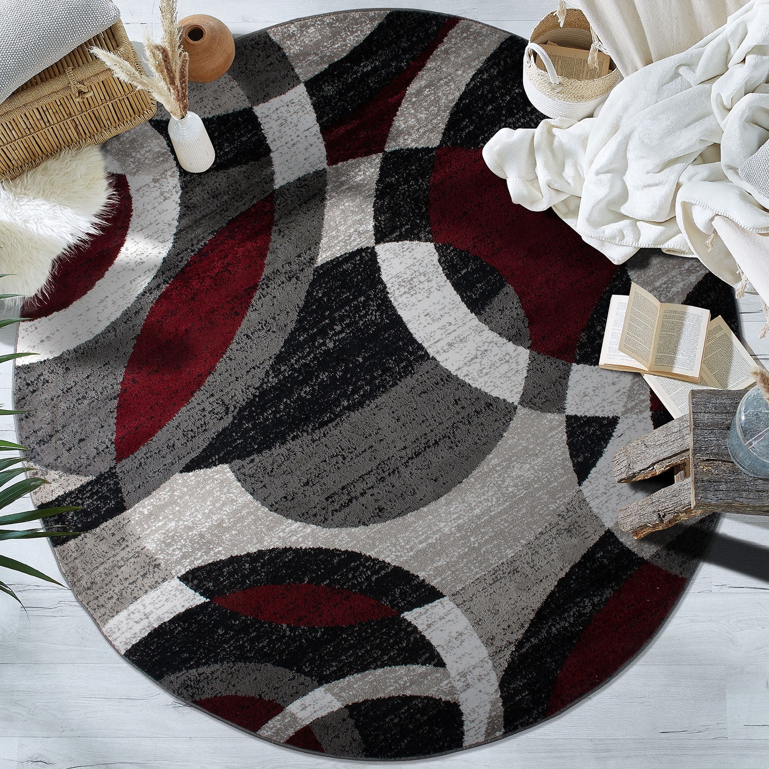 World Rug Gallery Geometric Circles Red 6'6" Round Rug - Walmart.com