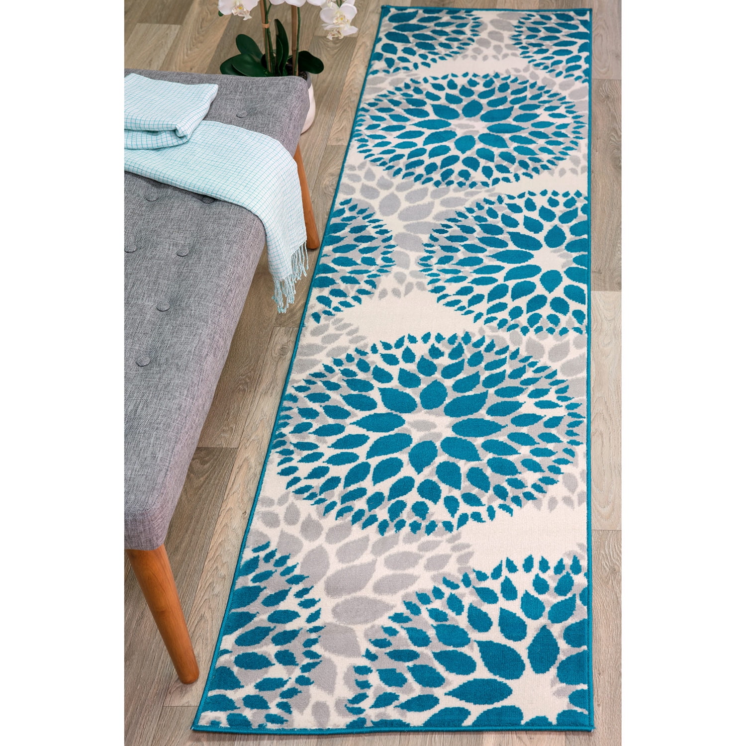 World Rug Gallery Modern Floral Circles Blue 2' x 7' Runner Rug ...