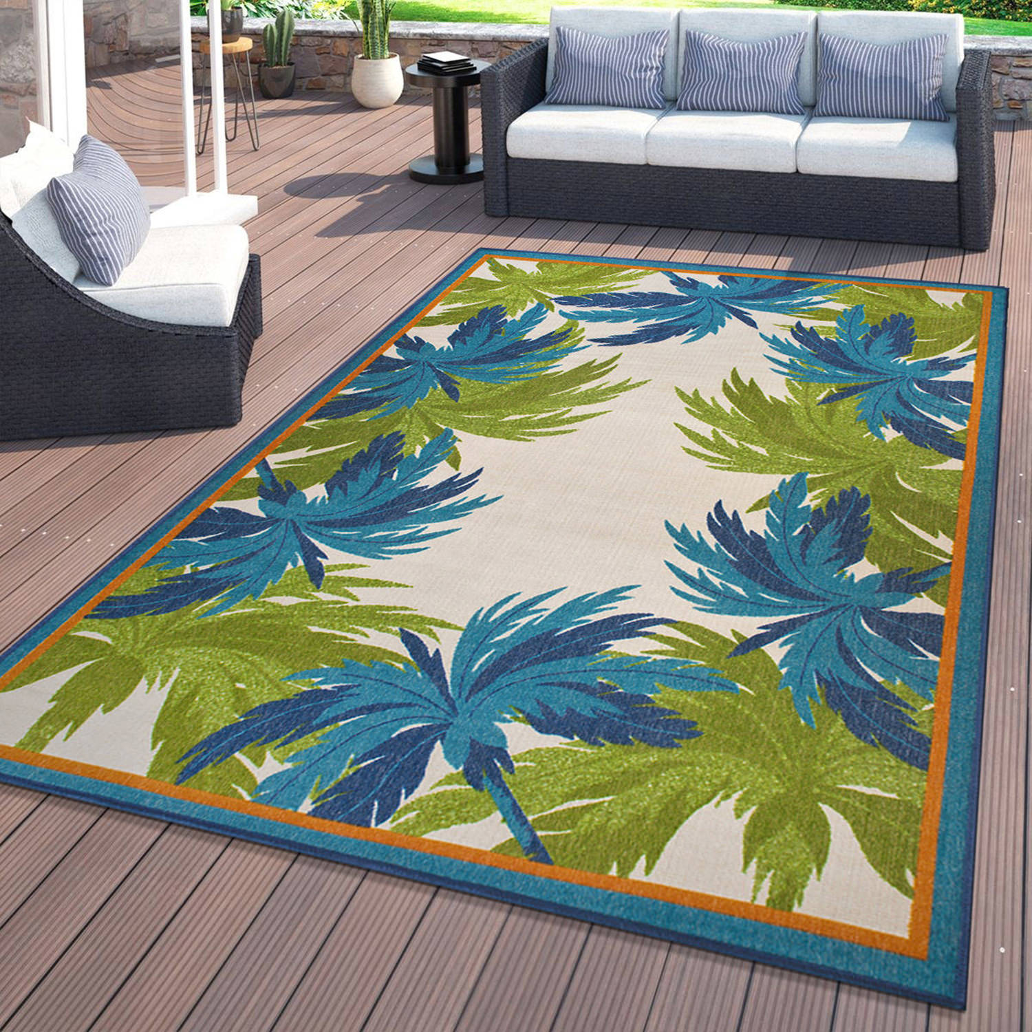 Liora Manne Ravella Ornametal Leaf Border Aqua Indoor/Outdoor Rug ...
