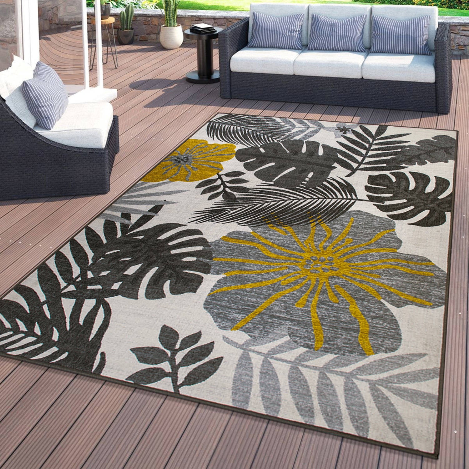 World Rug Gallery Tropical Floral Leaves Indoor/Outdoor Area Rug - GRAY ...