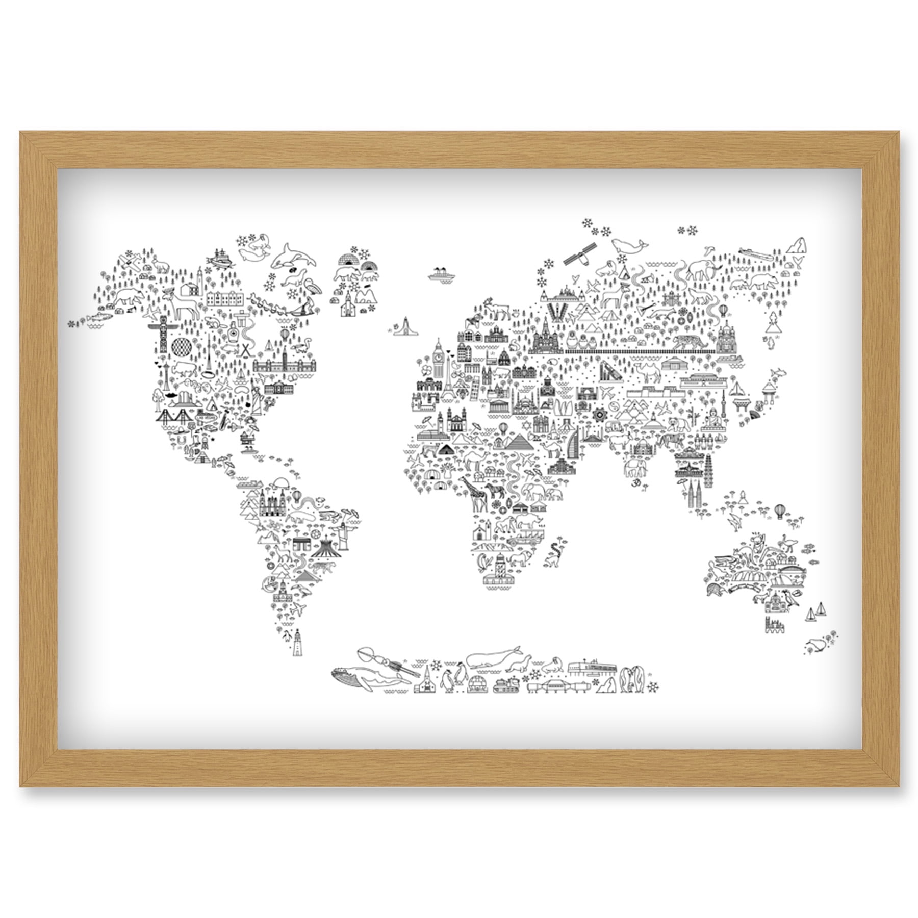 World Travel Landmark Line Icons Map For Kids Bedroom Education Artwork ...
