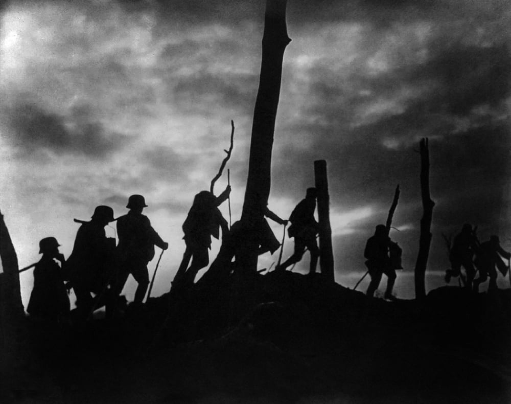 World War 1. Silhouette Of German Soldiers Against A Bombed Out ...