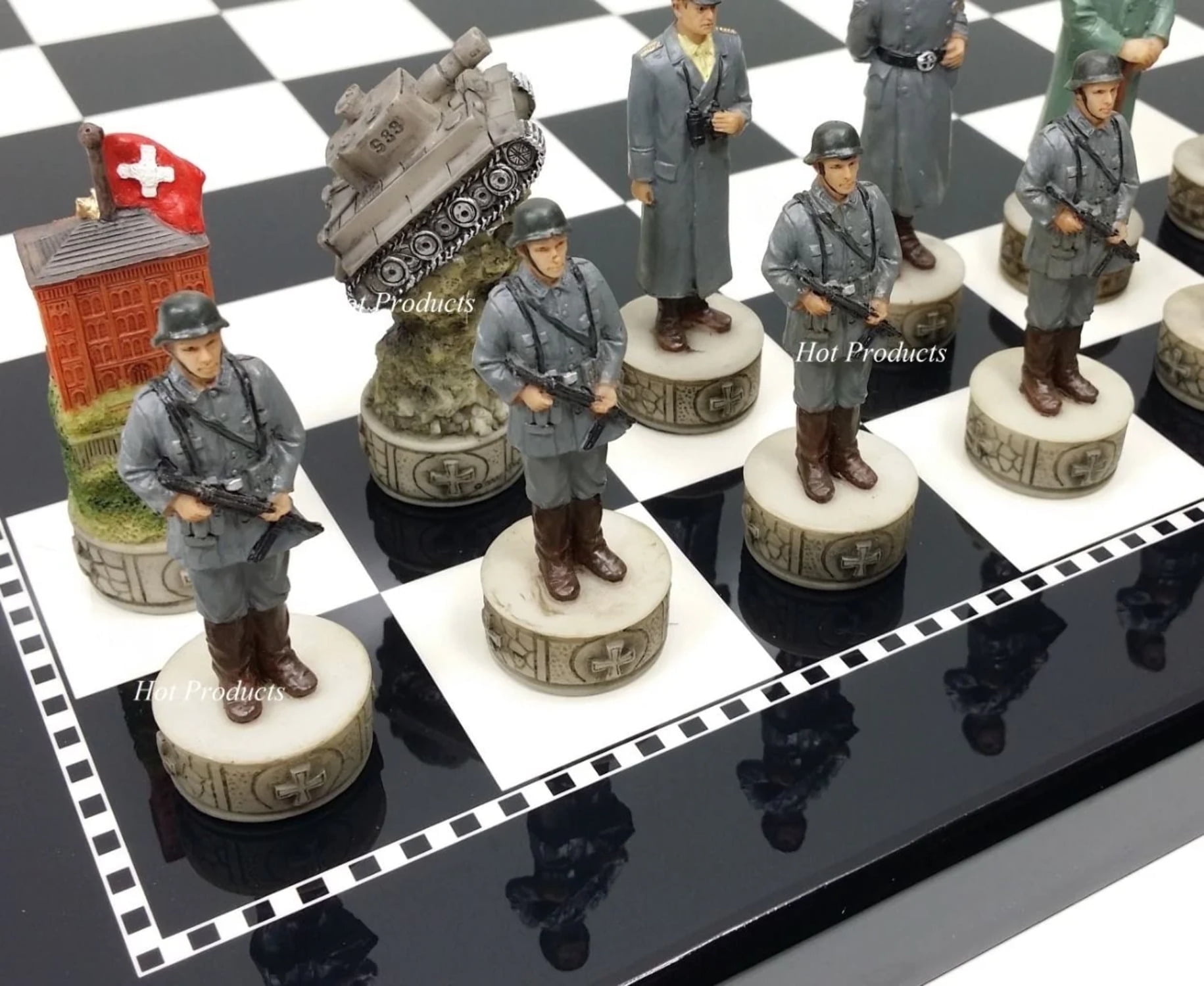 World War 2 US GERMANY Chess Set W/ 15" BLACK WHITE GLOSS BOARD WW2 ...