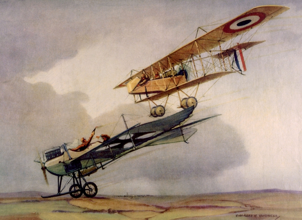 World War I Air Battle With French Farman Biplane Attacking German ...