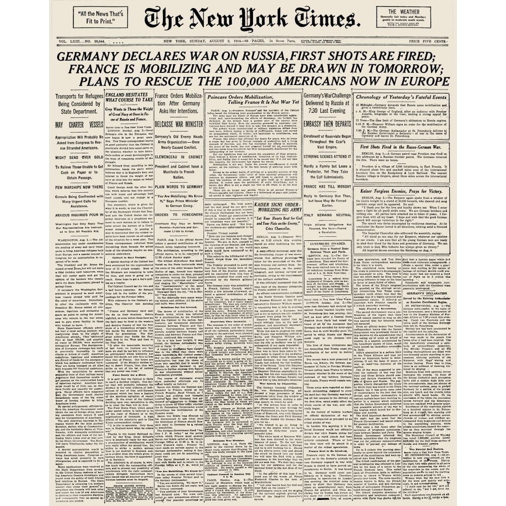 World War I Declaration. Nfront Page Of 'The New York Times' Stating ...