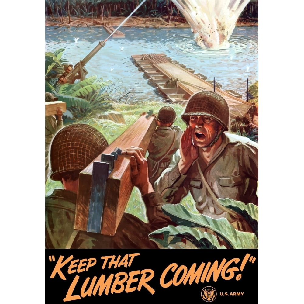 World War II poster of Army Engineers building a bridge across a river ...