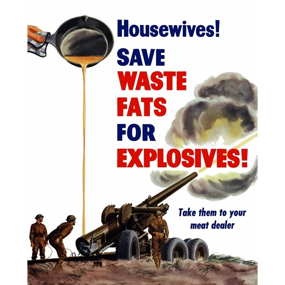 World War II poster of grease from a frying pan being poured into a ...