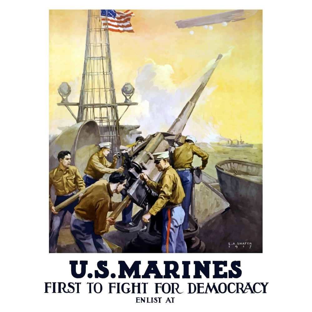 World War One poster of Marines firing artillery rounds on board a ship ...