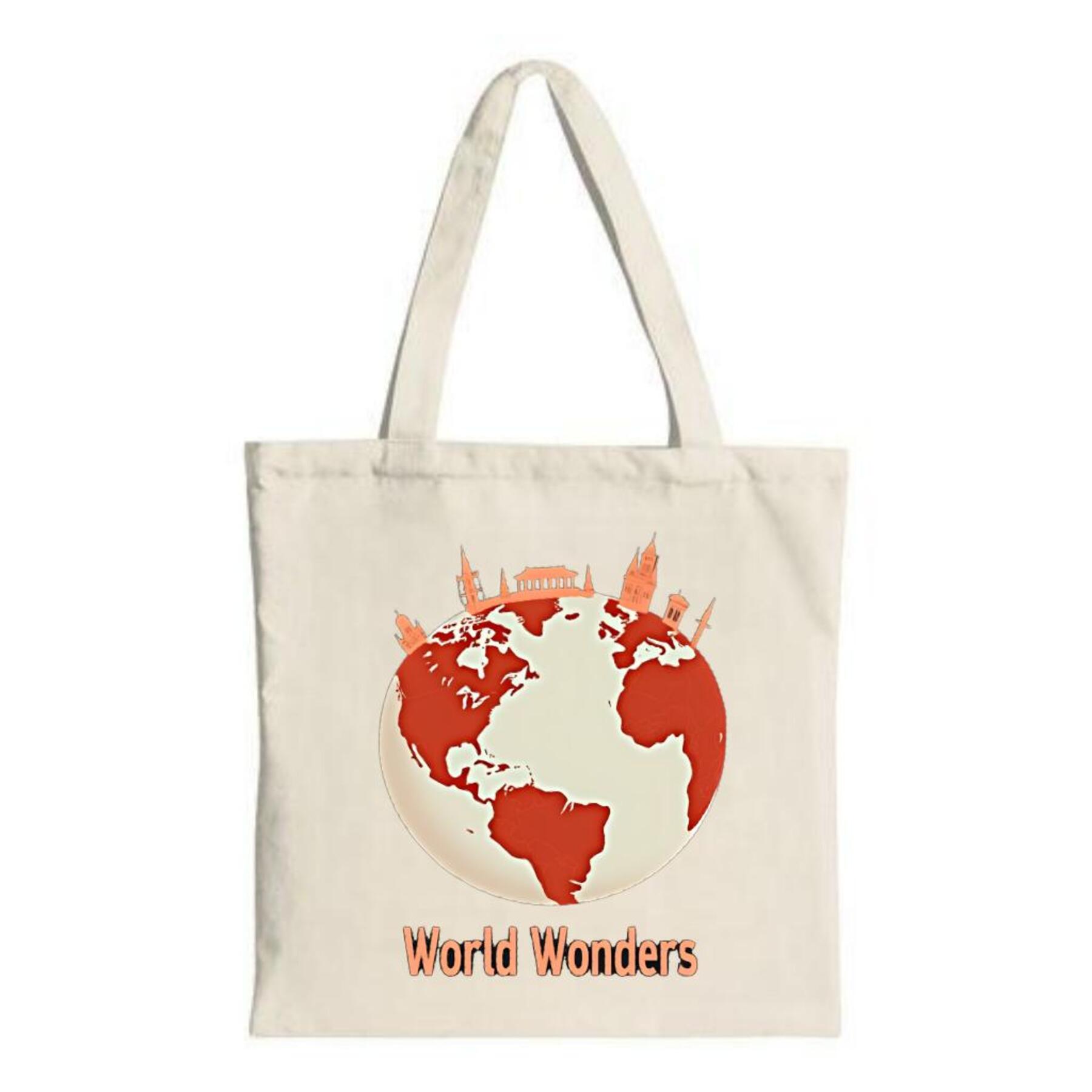 World Wonders Tote Bag - Red Globe with White Continents & Landmarks ...