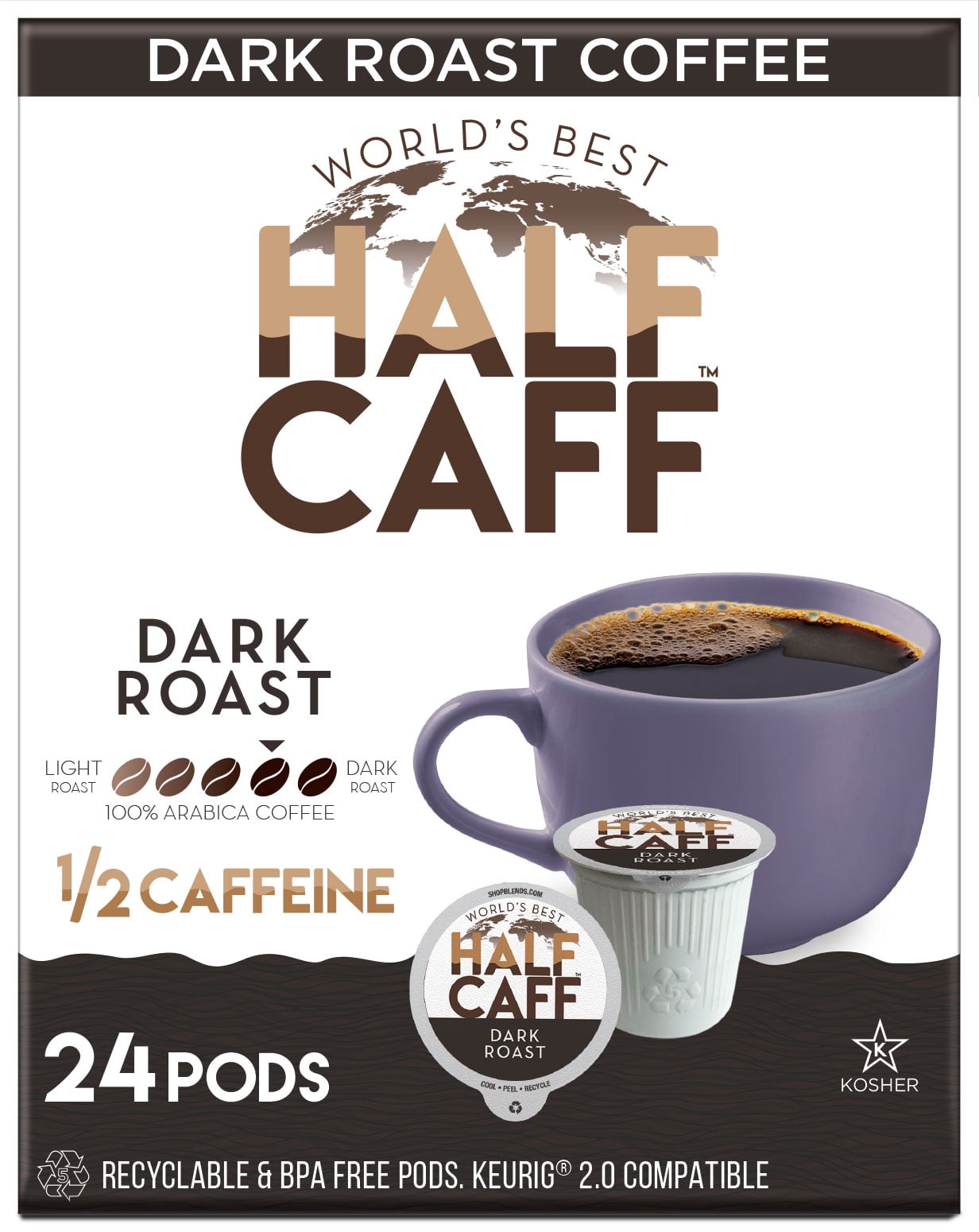World's Best Half Caff Dark Roast Coffee, K-Cup Compatible, 24ct Pods ...