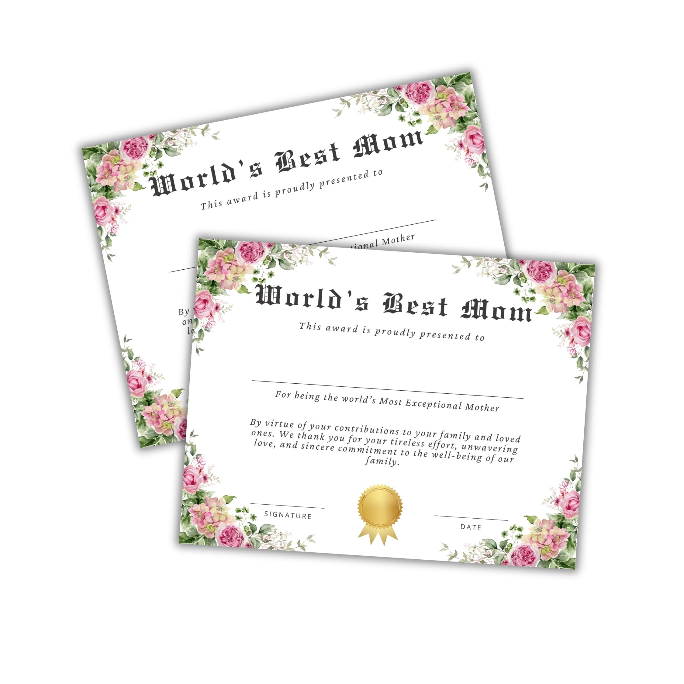 Worlds Best Mom Certificate 30pk 8.5x11 Mothers Day Award Gift Parent ...