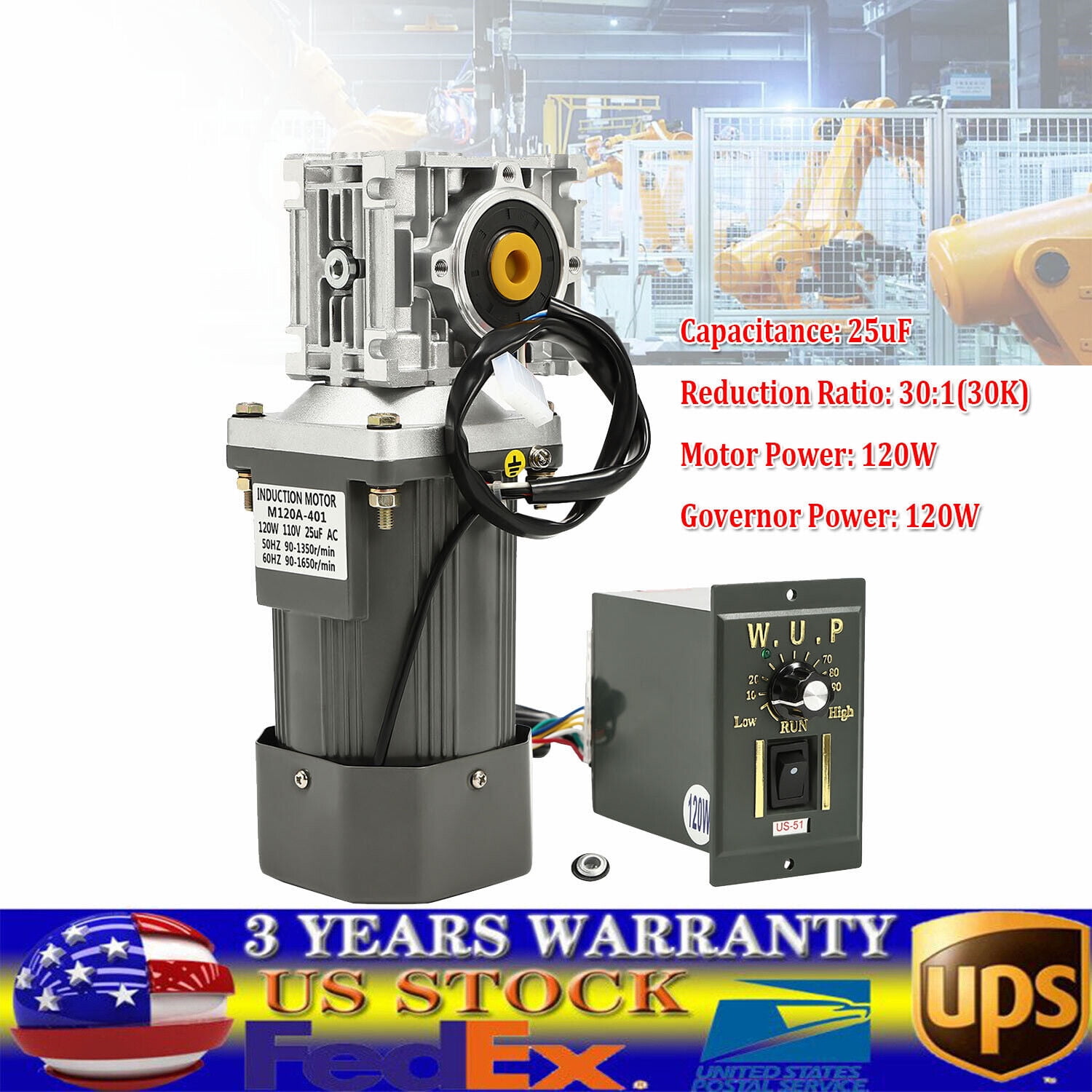 Worm Gear Motor 120W AC 110V Speed Controller Industrial Gearbox ...