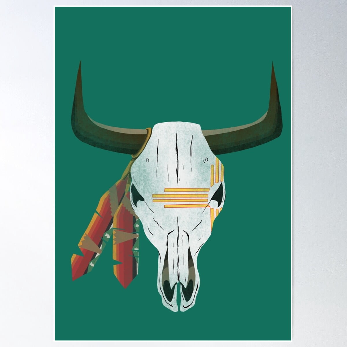 Worn Cow Skull Southwestern Feathers With Zia Symbol Poster Wall Art ...
