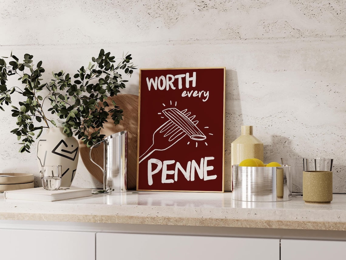 Worth Every Penne Print, Pasta Night Poster, Hand Drawn Pasta Print ...