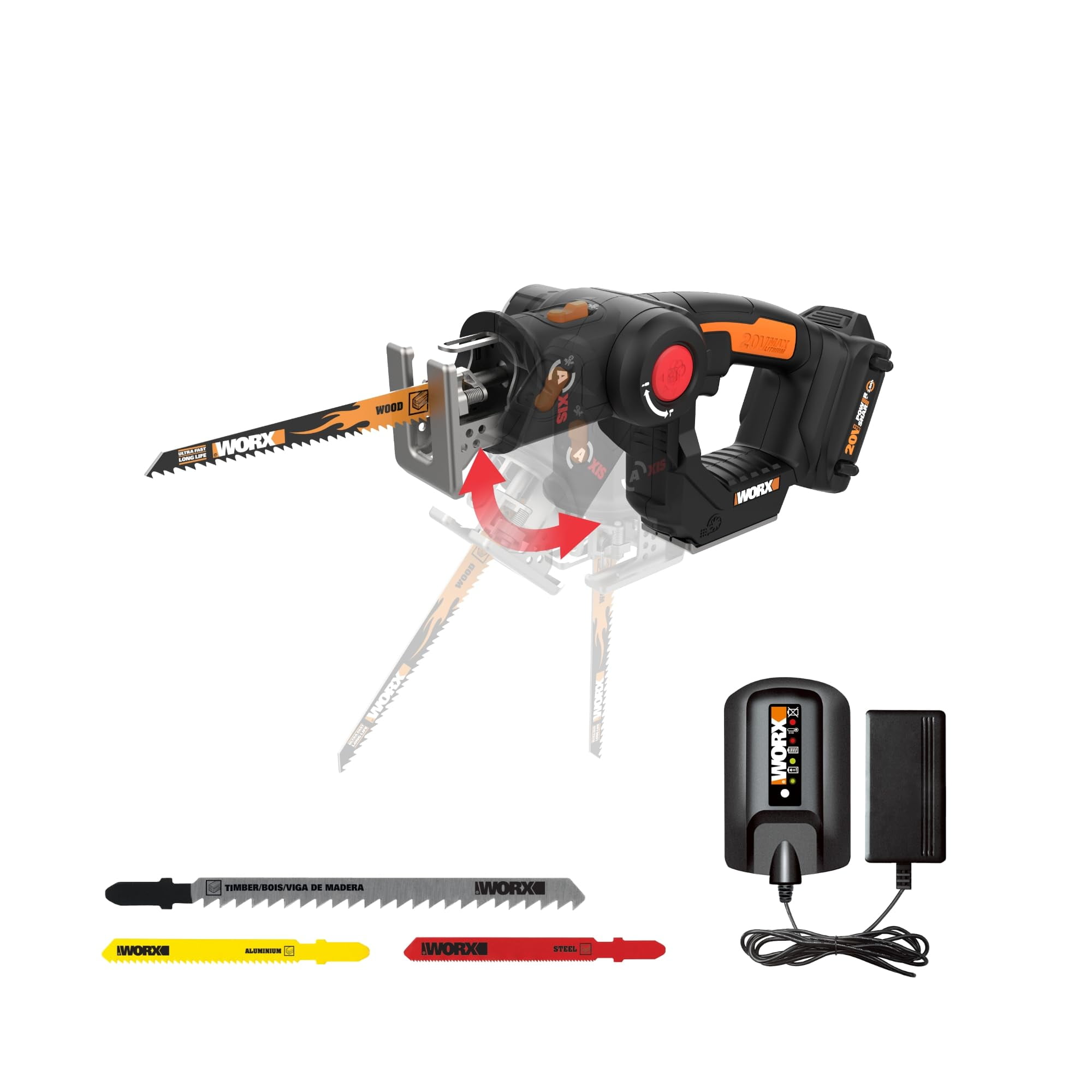 Worx 20V AXIS 2-in-1 Cordless Reciprocating Saw & Jig Saw, Orbital ...