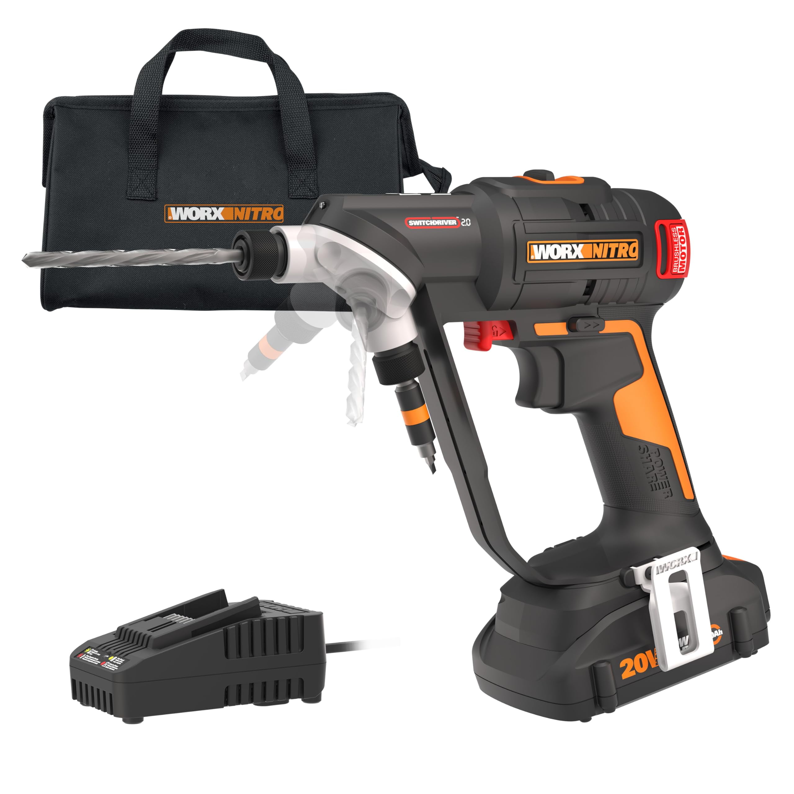 Worx Nitro 20V SwitchDriver 2.0, 2-in-1 Brushless Cordless Driver, Set ...