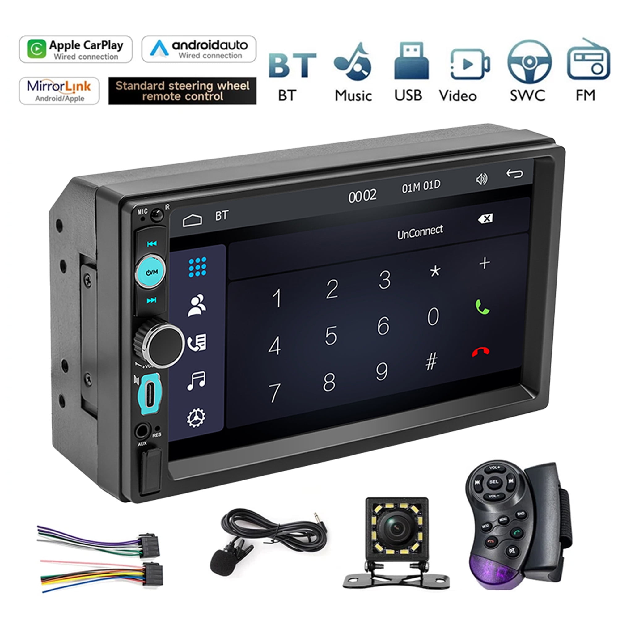 Woudy 7" Double DIN Car Stereo, HD Touchscreen, Wired Apple CarPlay ...