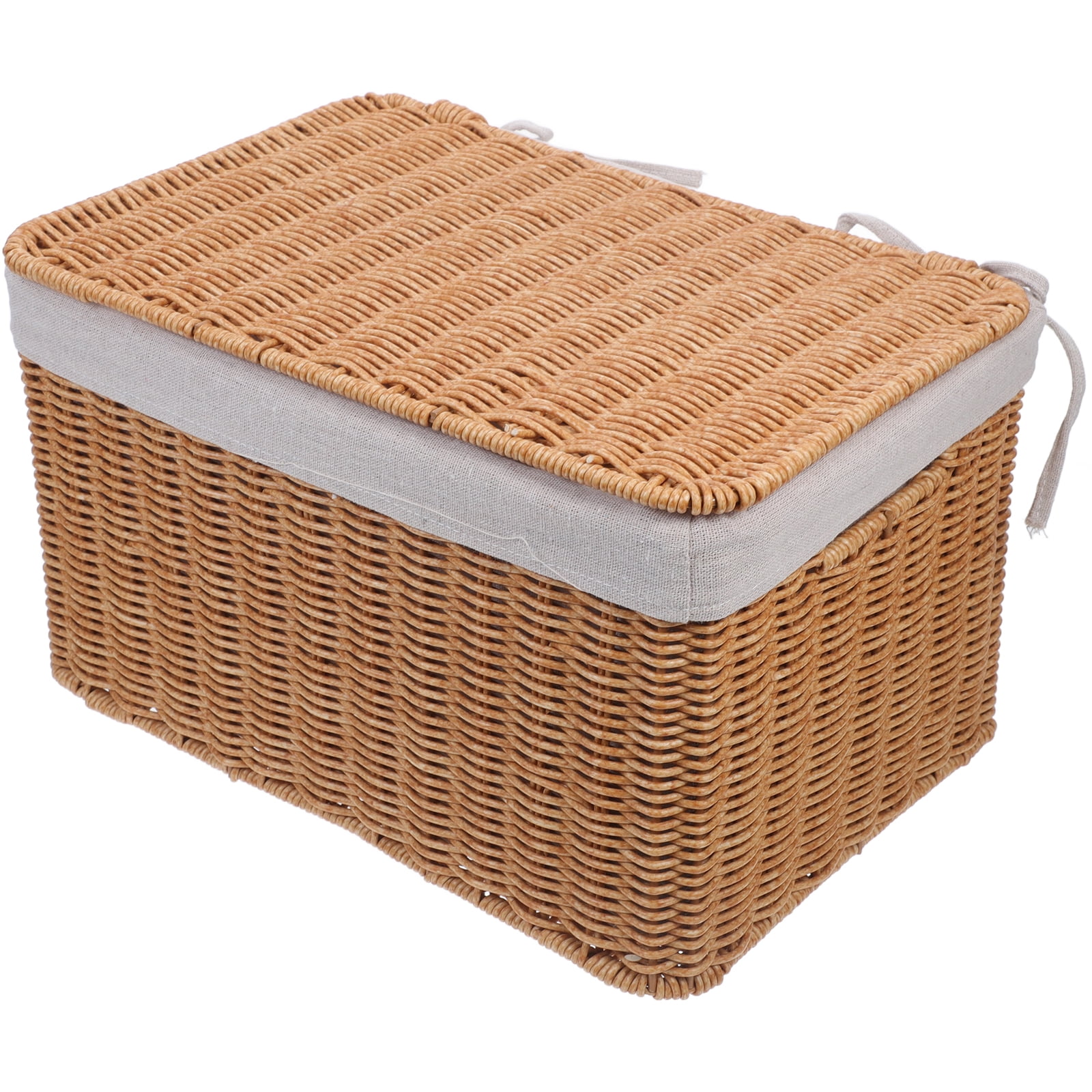 Woven Basket Bin With Handle And Lid Rectangular Storage Organizer Wicker Nesting Bin And Liner ...