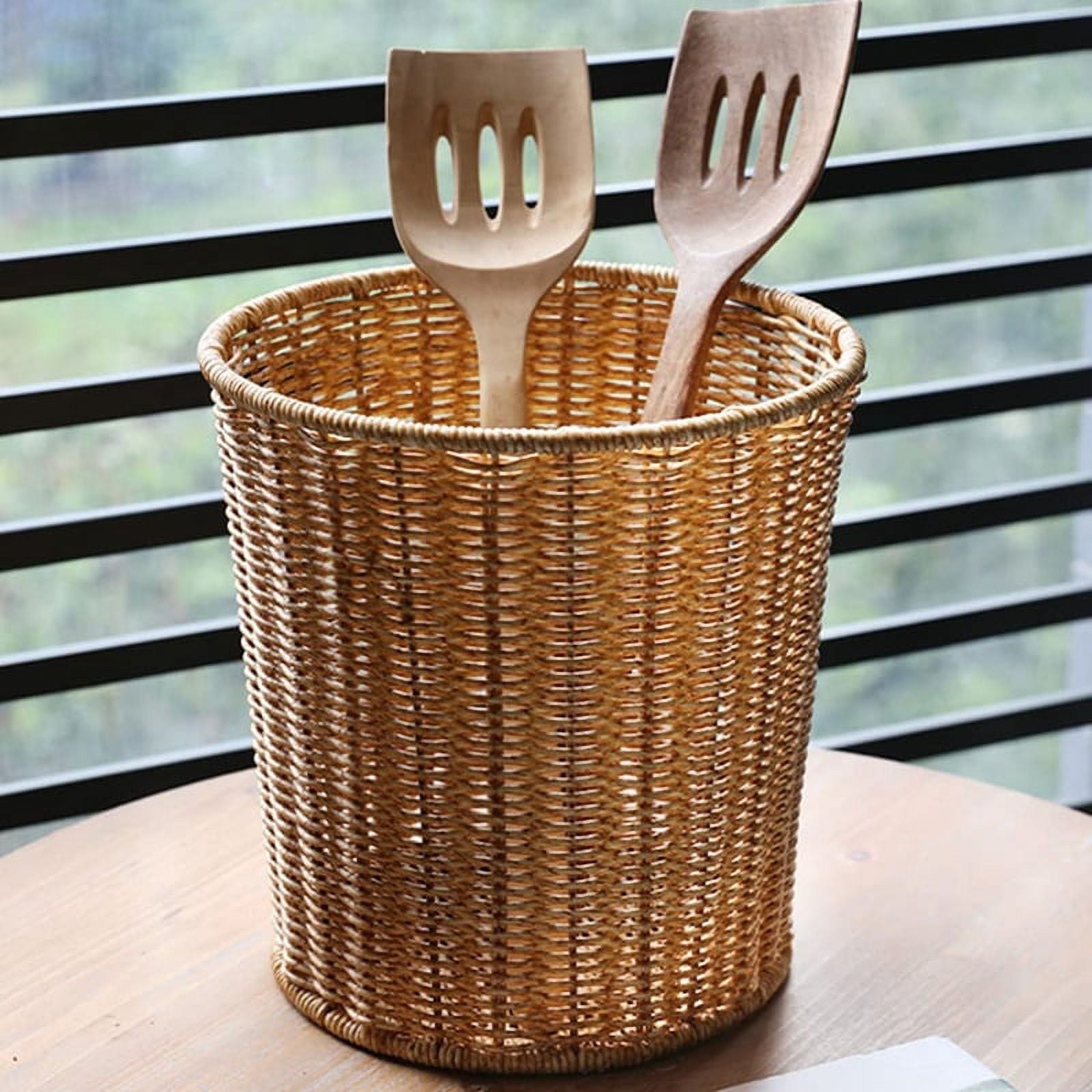 Woven Basket Trash Can Round Rattan Waste Basket with Lid Planter Woven ...