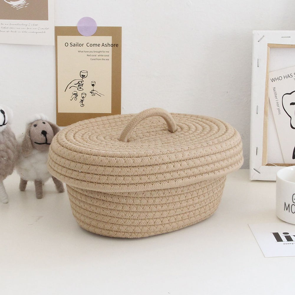 Woven Baskets Cotton Knitting Basket with Lid,Beige Baskets Sundries ...