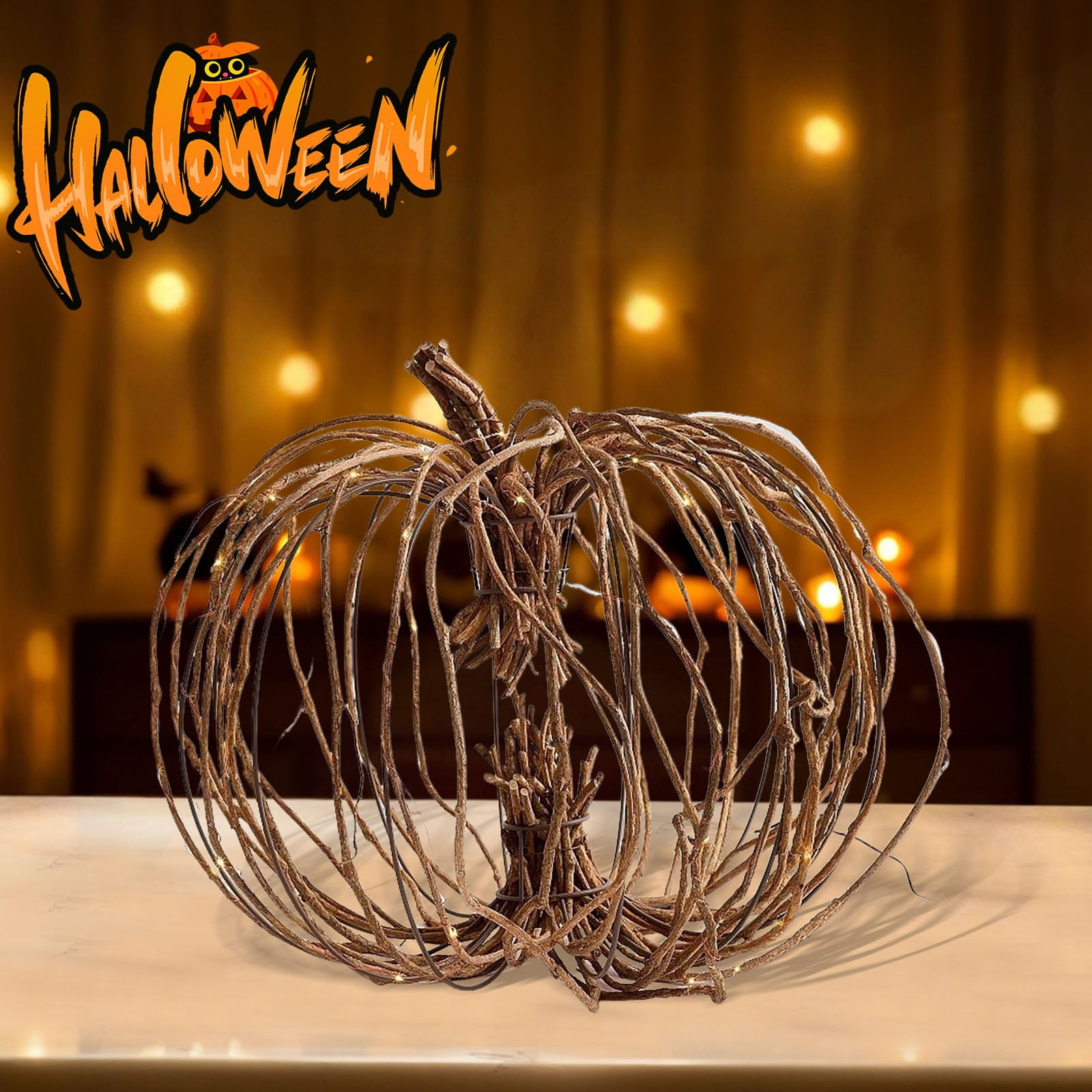 Woven Branch Jack O Lantern Pumpkin Figurines - 22cm/8.66inch Resin Halloween Decor for Outdoor ...