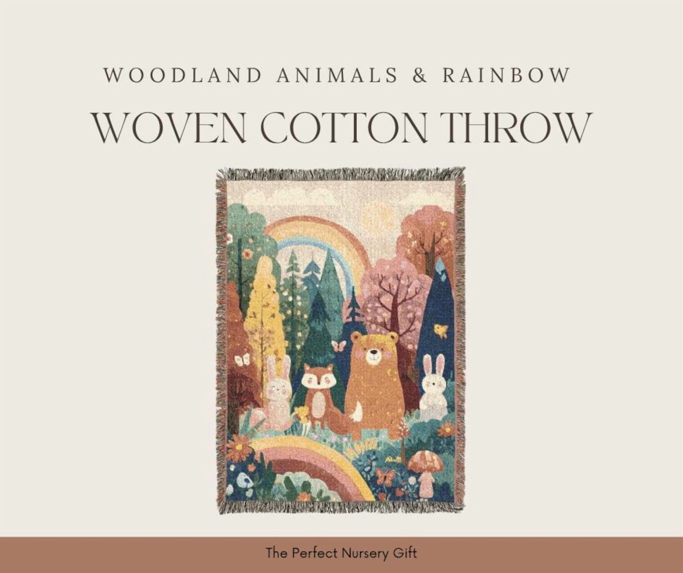 Woven Cotton Throw Blanket, Woodland Animals & Rainbow Fringe Poster ...