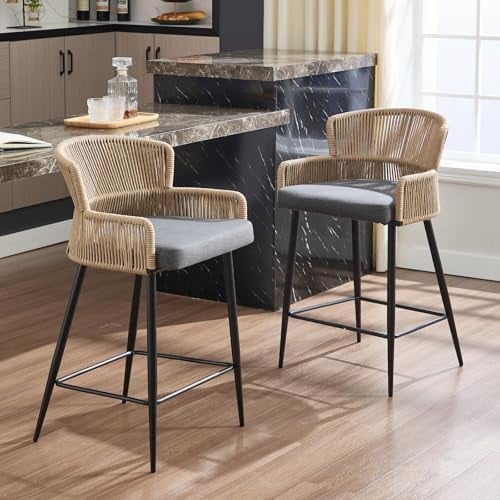 Woven Counter Height Bar Stools Set of 2 Linen Counter Stools 26 Inch ...