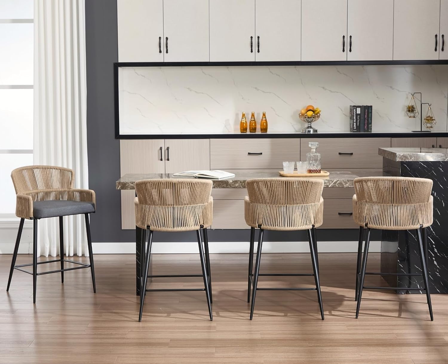 Woven Counter Height Bar Stools Set of 4 Linen Counter Stools 26 Inch ...