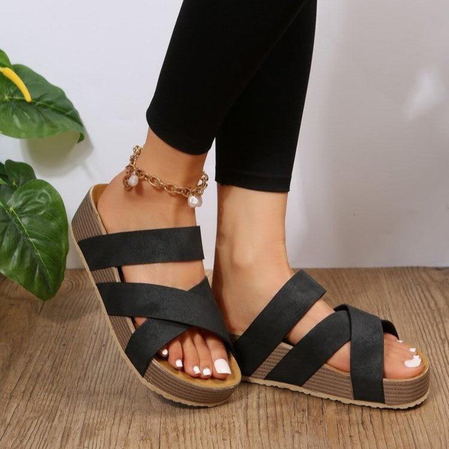 Woven Cross-strap Slippers Summer Platform Sandals Women Flat Beach ...
