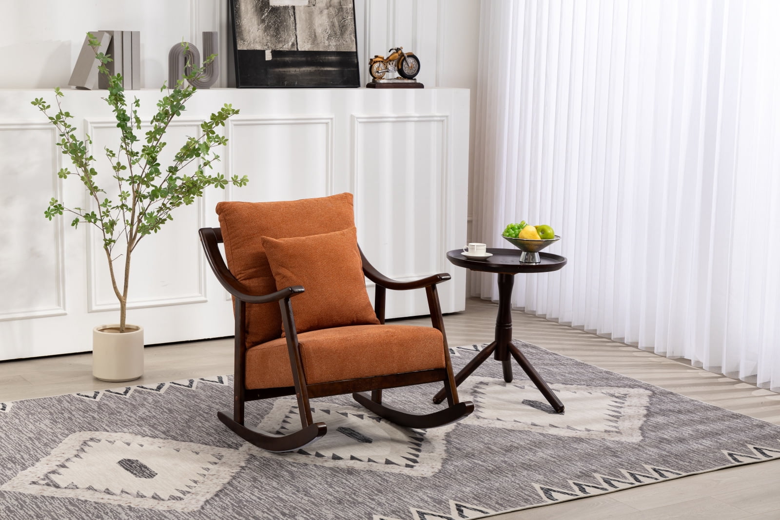 Woven Fabric Rocking Chair with Soild Wood Frame, Mid Century ...