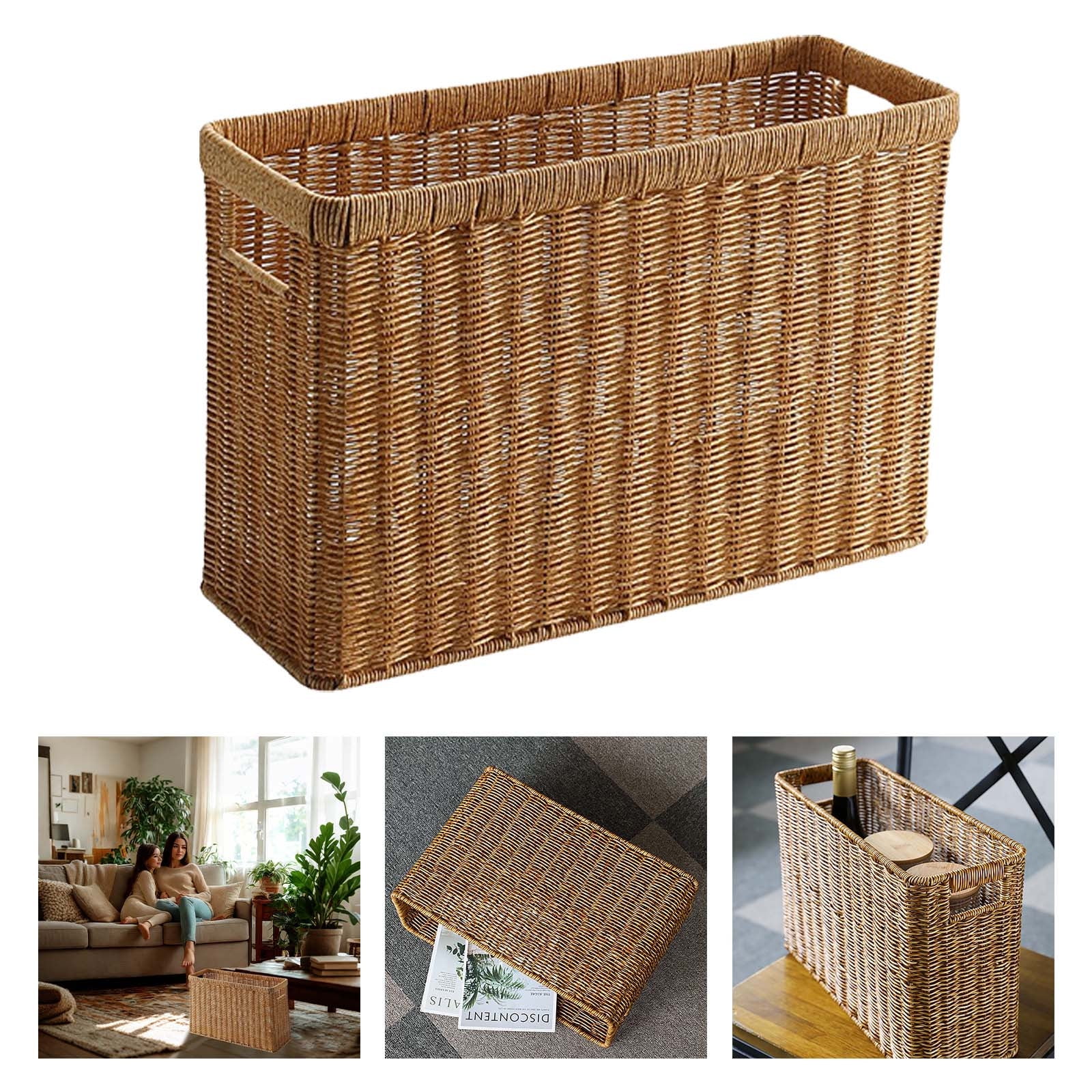 Woven Magazine Holder - Narrow File Storage Basket with Hollow Handles ...