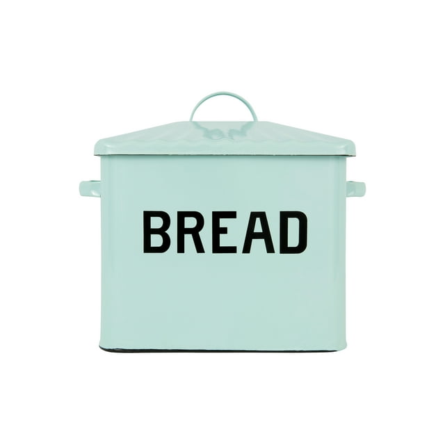 Woven Paths Enameled Metal Distressed Light Blue "BREAD" Box with Lid ...
