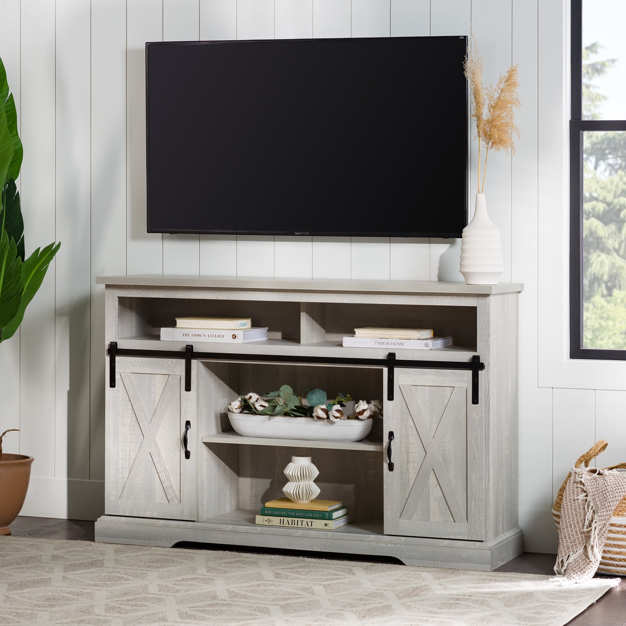 Woven Paths Farmhouse Barn Door TV Stand for TVs up to 60", Stone Grey ...