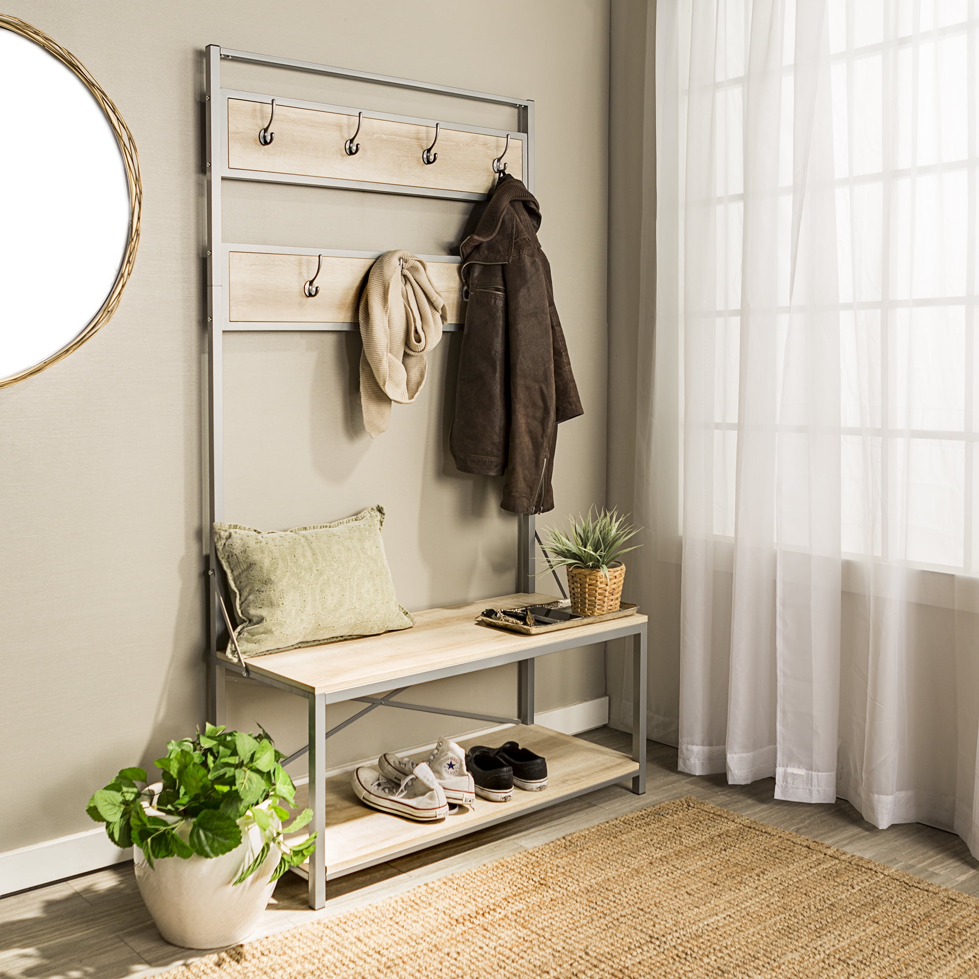 Woven Paths Industrial Hall Tree with Bench and Coat Hooks, White Oak ...