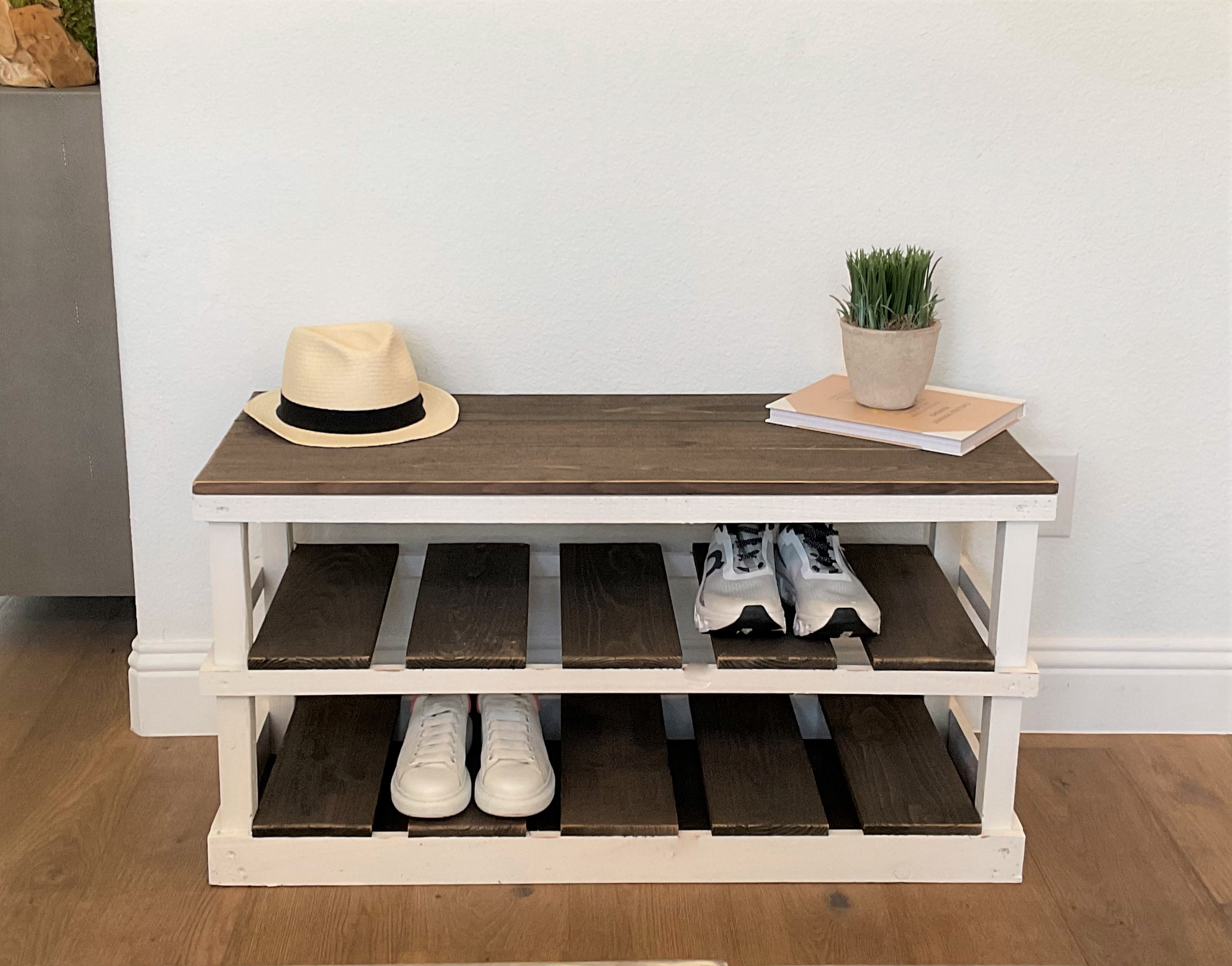 Woven Paths Slatted Shelf Real Wood Tiered Shoe Storage Bench, Dark ...
