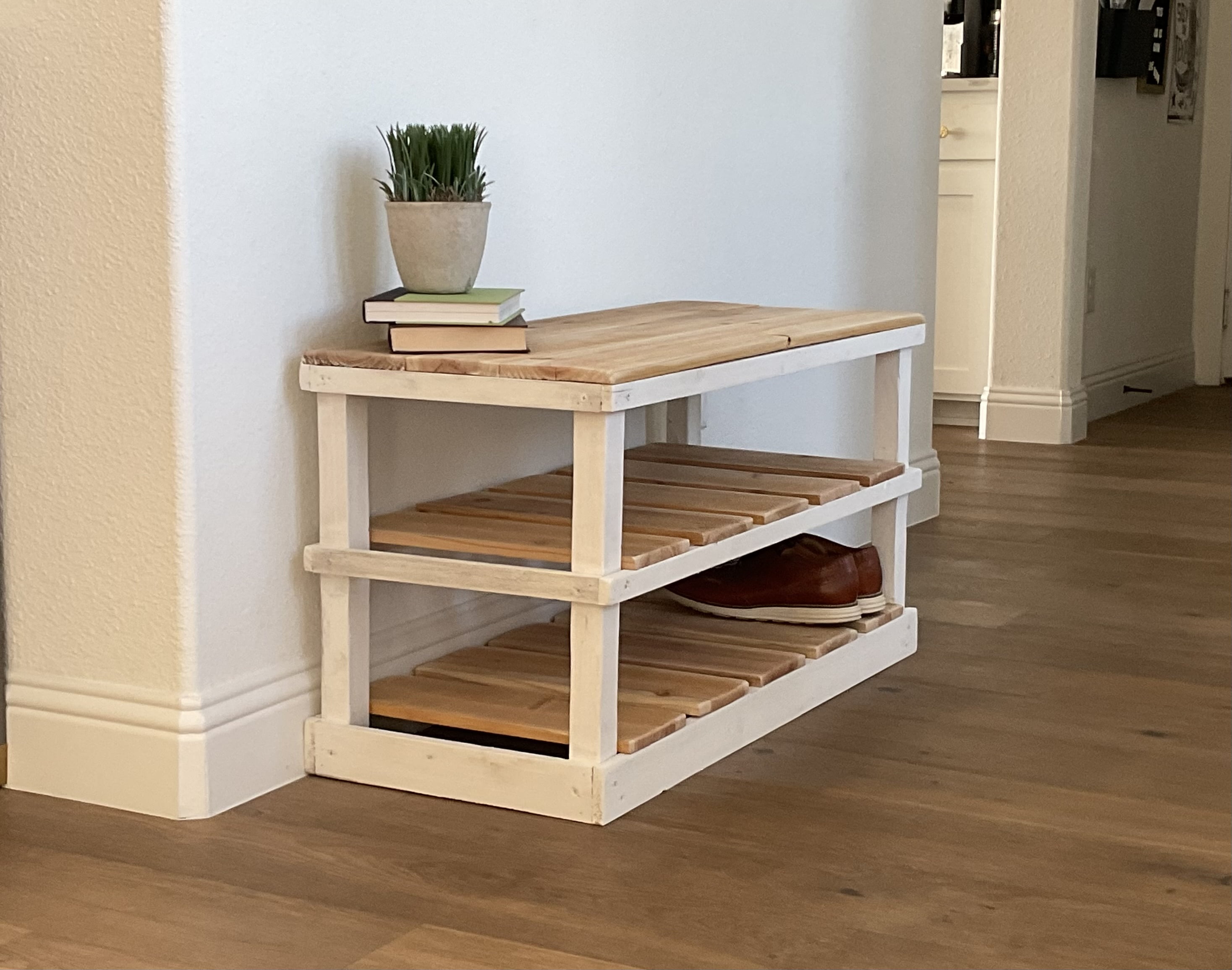 Woven Paths Slatted Shelf Real Wood Tiered Shoe Storage Bench, Natural ...
