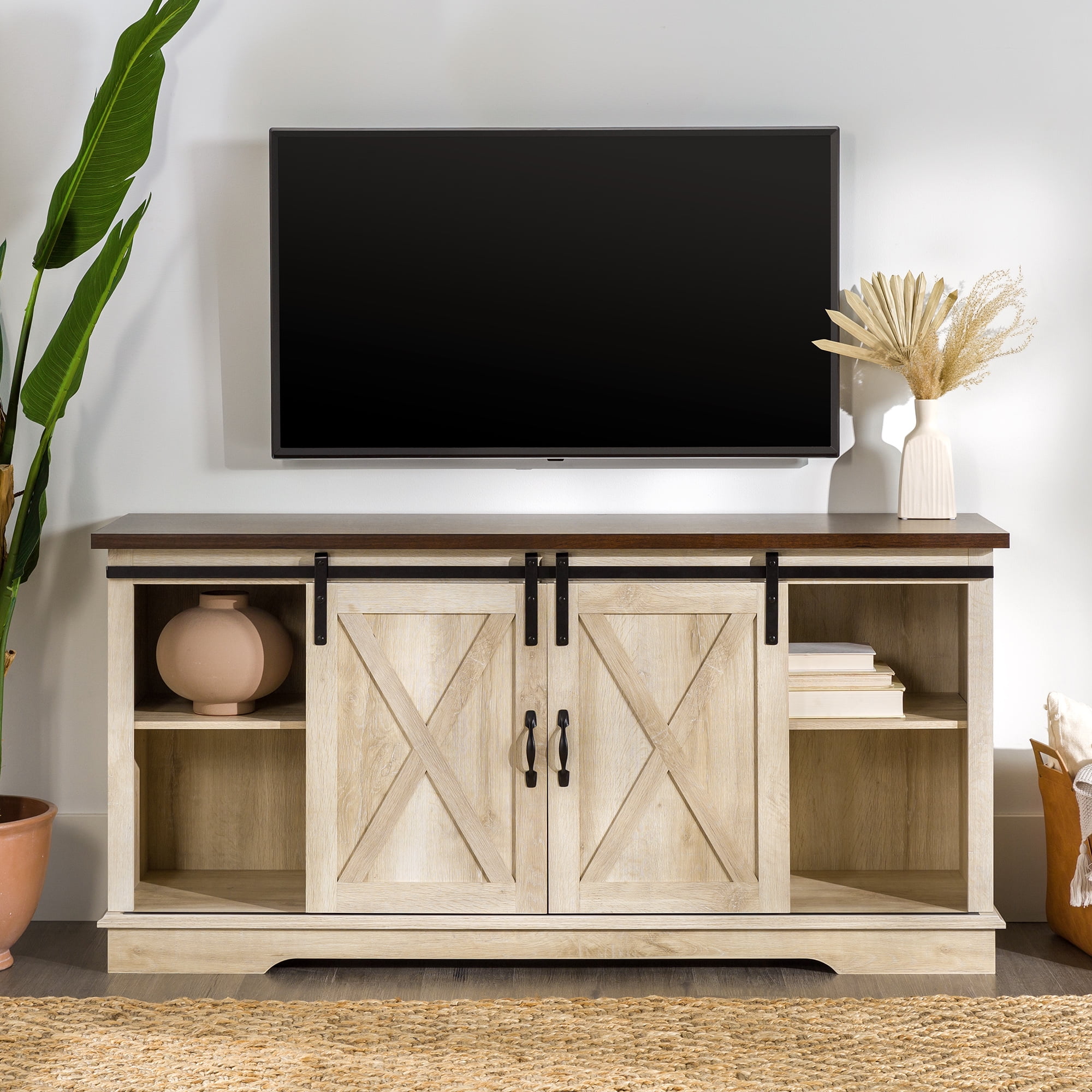 Sliding Farmhouse Barn Door TV Stand, White Nepal | Ubuy