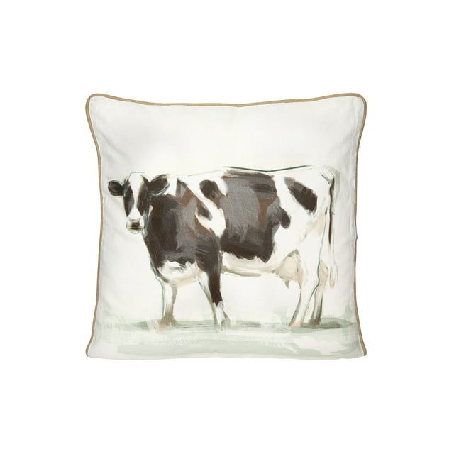 Woven Paths Square Cotton Pillow with Cow, 20" x 4", White and Brown ...