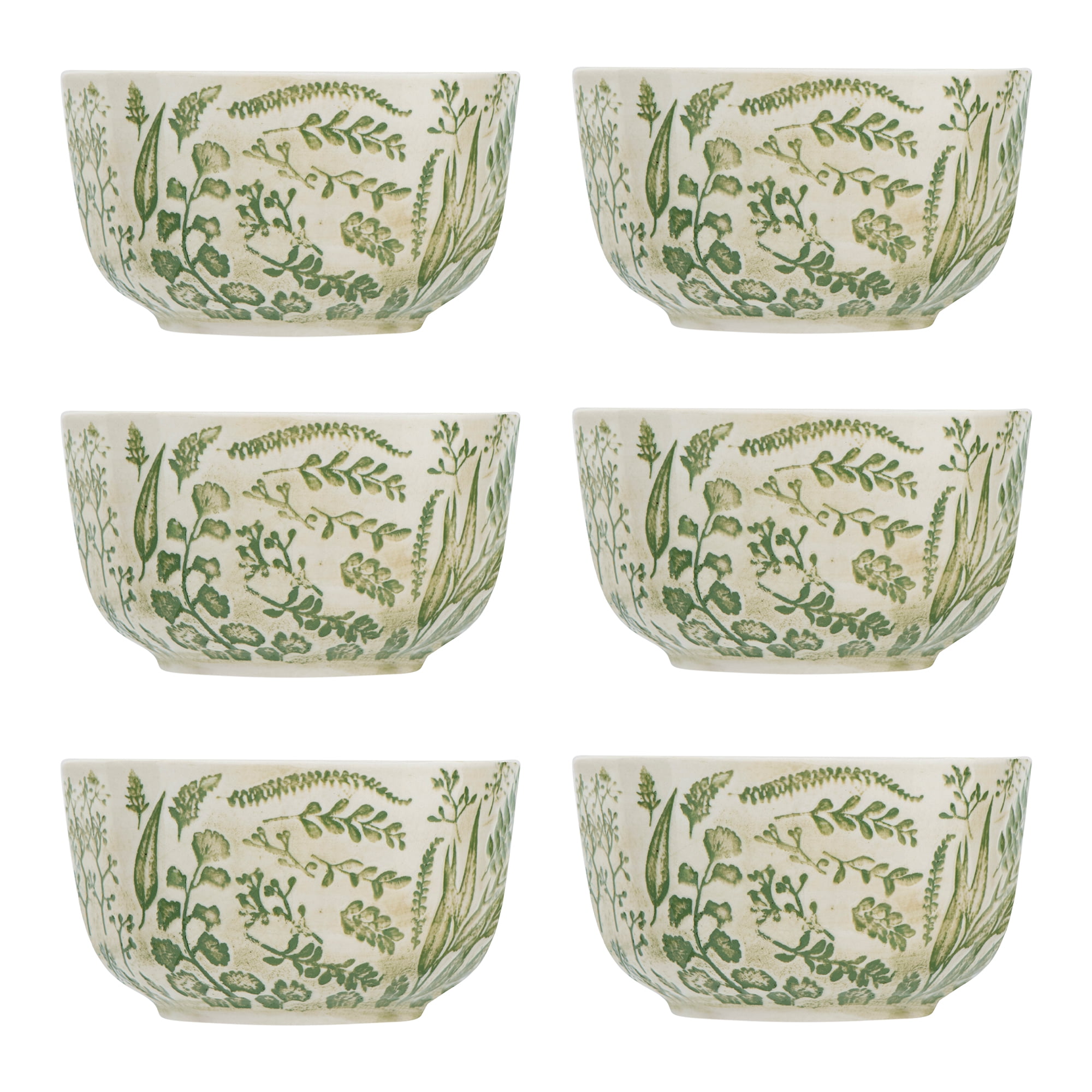 Woven Paths Stoneware Bowls with Embossed Green Pattern, Set of 6 Bowls ...