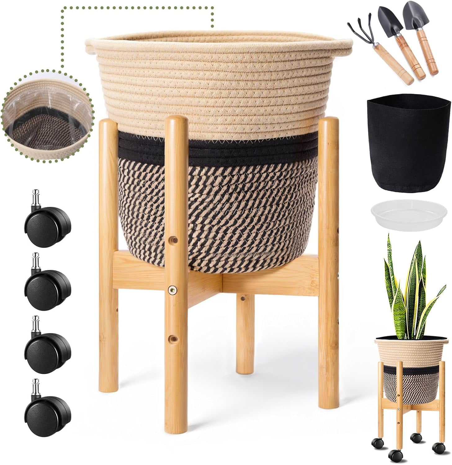 Woven Plant Pot Basket Stand, Standing Basket Planter with Wheels ...