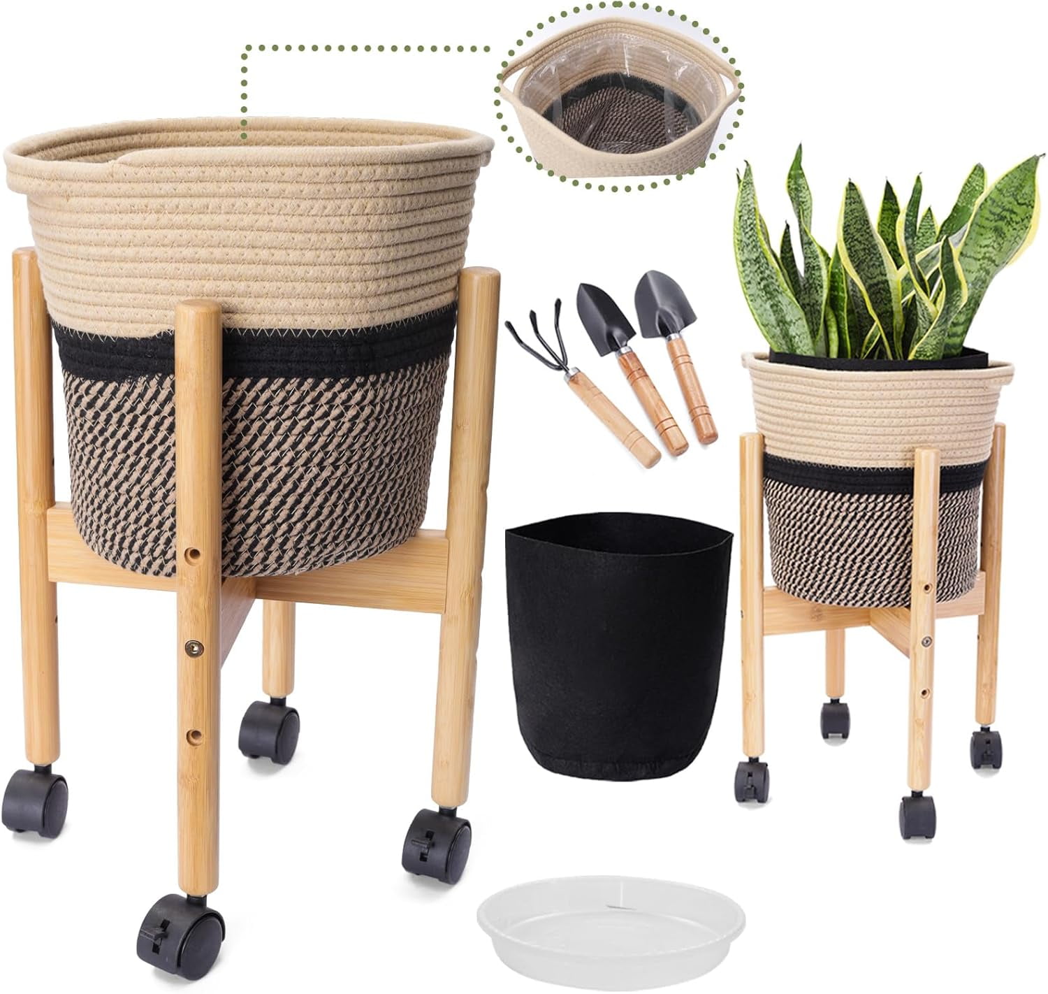 Woven Plant Pot Basket Stand, Standing Basket Planter with Wheels ...