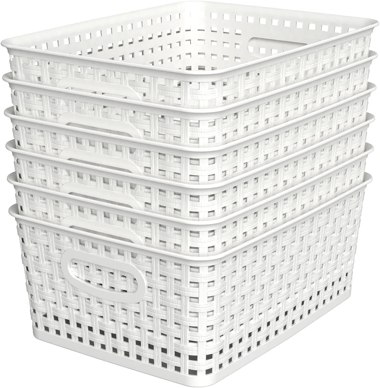 Woven Plastic Storage Baskets, 6 Pack White Weave Bins Organizer, 10.1 ...